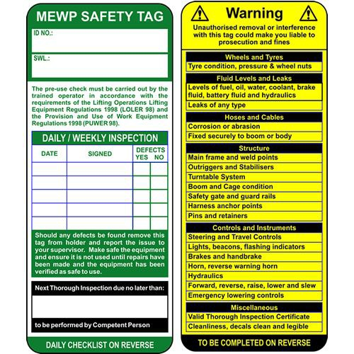 MEWP Tag Inserts - Pack of 50 by ScaffoldingDirect